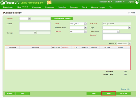 purcahse return - How to create or edit purchase returns in Treezsoft ...
